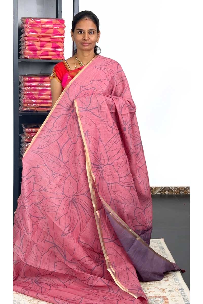 Linen Cotton Sarees | Outline Flower Design | Beetroot Pink + Grape Bl ...