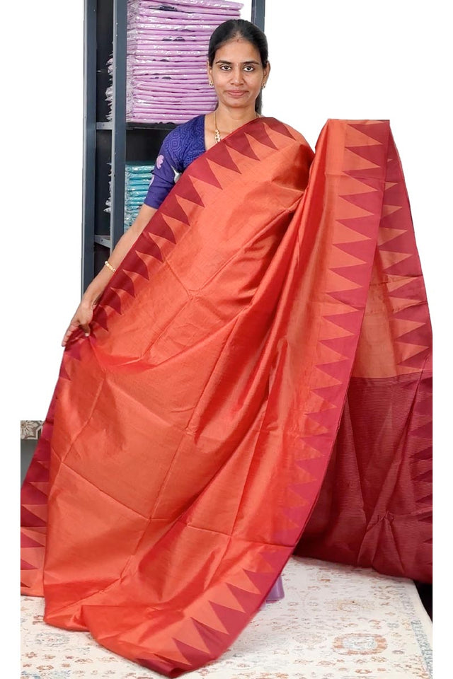Raw Tussar Saree With Temple Border | Rust + Maroon – Menmai™