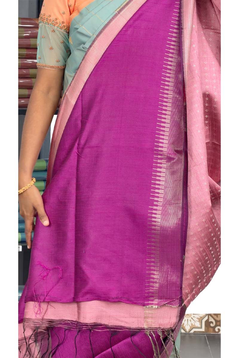 Raw Silk Saree with Temple Border | Sweet Pink + Magenta – Menmai Fabrics