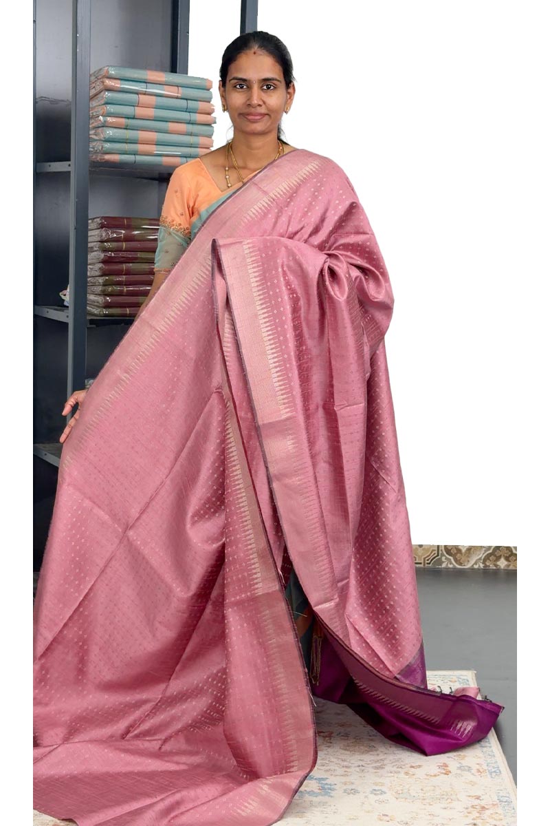 Raw Silk Saree with Temple Border | Sweet Pink + Magenta – Menmai Fabrics